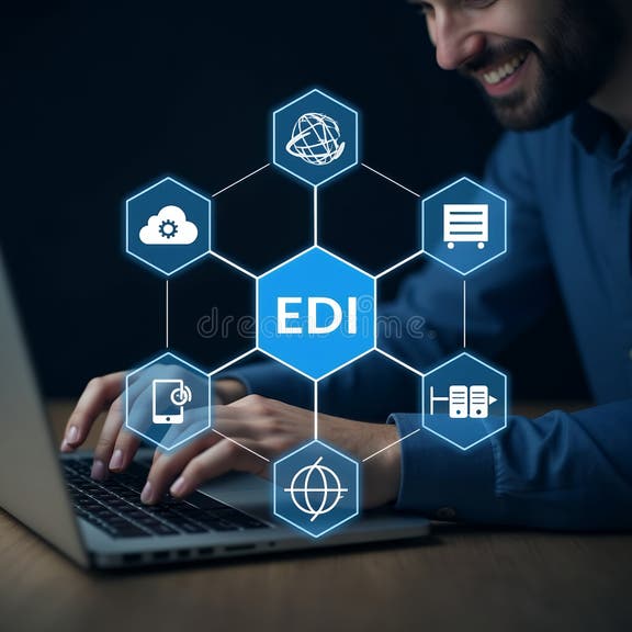 Man Using Laptop with Edi Network Graphic Overlay, Showcasing ...