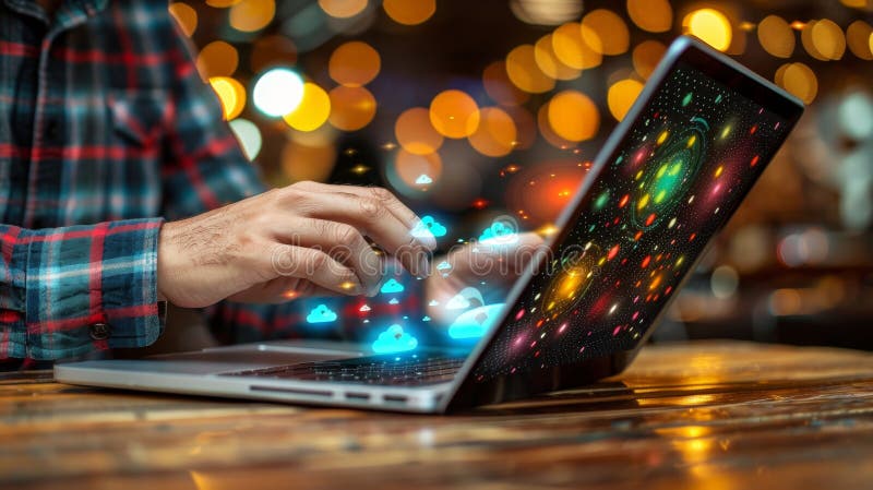 Man Using Laptop with Glowing Cloud Icons and Data Streams Reflecting ...