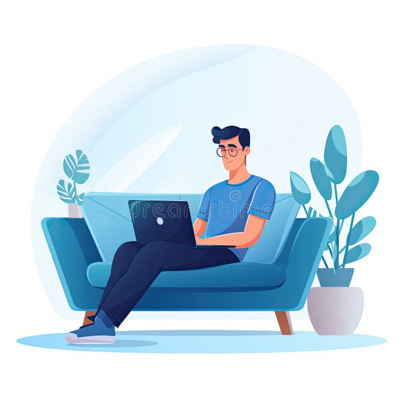 Man Using Laptop at Home Office Looking at Screen Typing Chatting ...