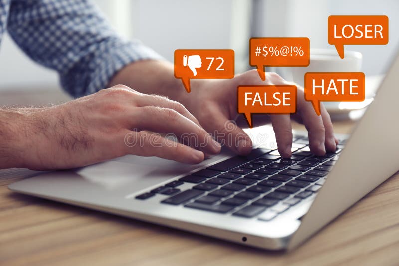 Man Using Laptop and Icons with Offensive Messages, Closeup. Cyber ...