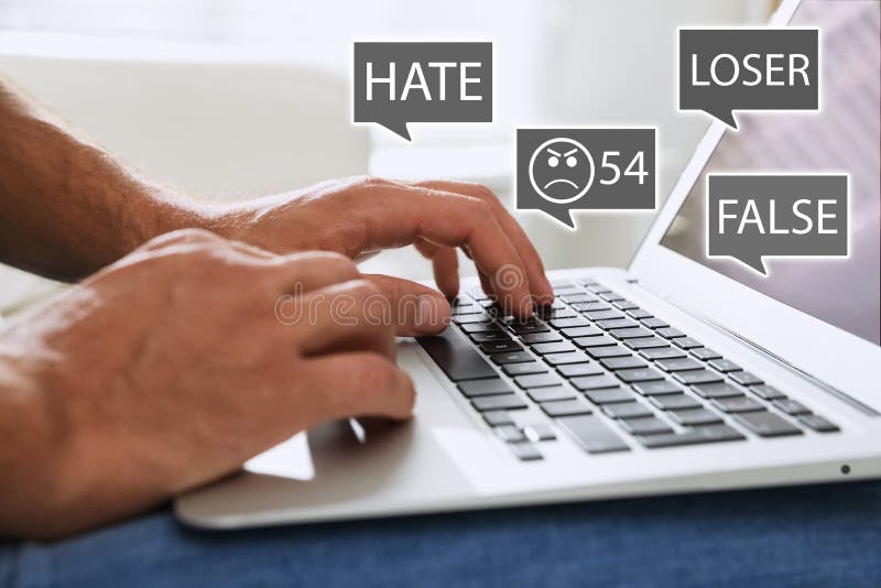 Man Using Laptop and Icons with Offensive Messages, Closeup. Cyber ...