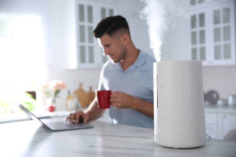 Man Using Laptop in Kitchen with Air Humidifier Stock Image - Image of ...