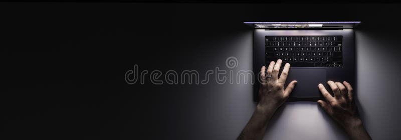 Man Using Laptop at Night, Top View, Web Banner with Copy Space. Stock ...