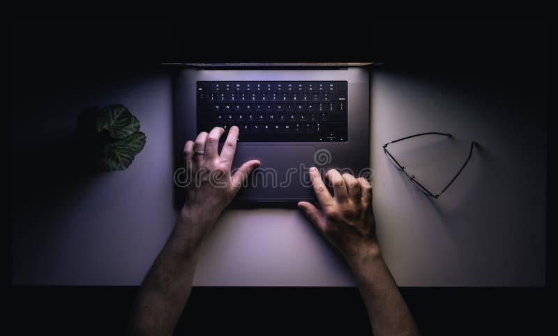 Man Using Laptop at Night, Workplace, Top View. Stock Image - Image of ...