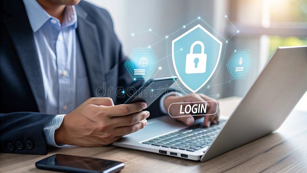 Man Using Laptop and Phone with Security Shield and Login Button Overlay for Secure Access ...