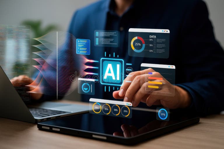 Man is Using a Laptop with a Screen Displaying a Computer Chip with the ...