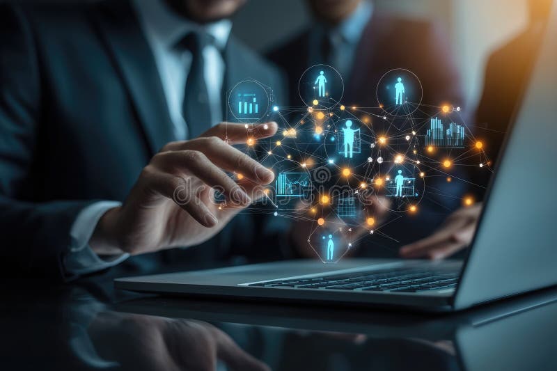 A Man is Using a Laptop with a Screen that Shows a Network of People ...