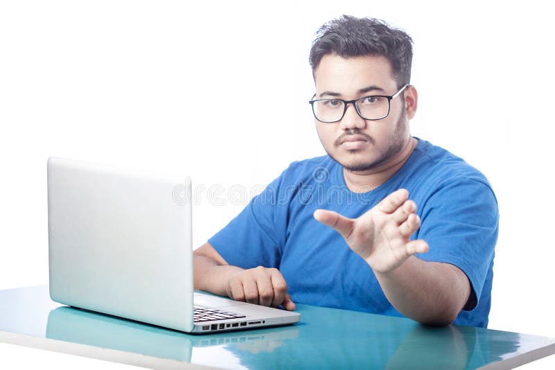 Young Business Man Pretending Something on His Empty Hand while Using ...