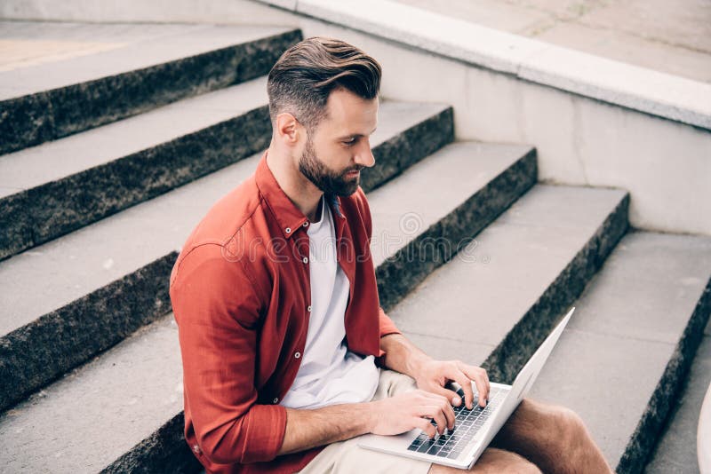 Man Using Laptop while Sitting on Stone Stairs Stock Image - Image of ...