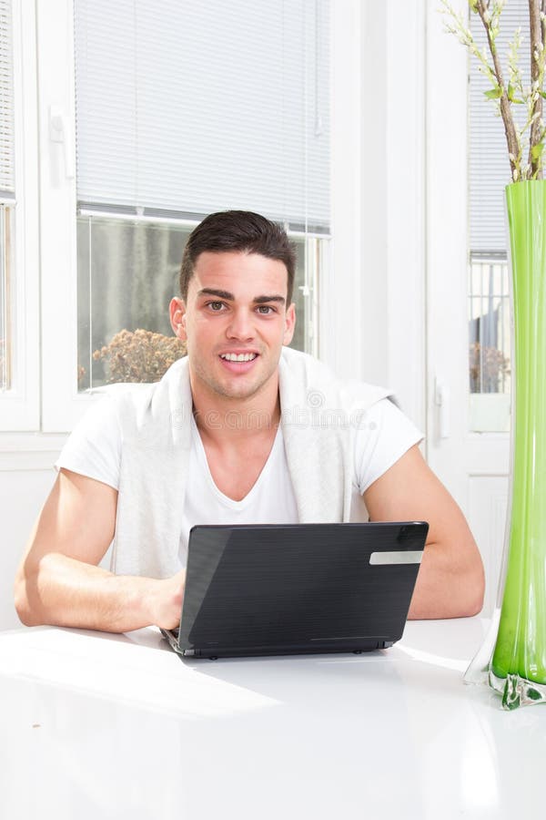 Man Using Laptop Table Living Room Atmosphere Stock Photos - Free ...