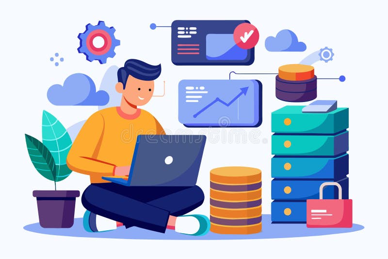 A Man is Using a Laptop To Manage and Back Up a Digital Database in a ...