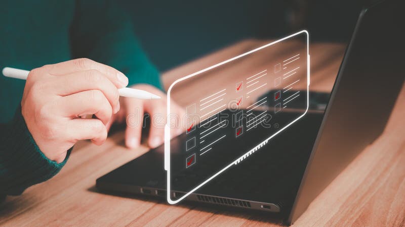 Man Using a Laptop and Touching on Virtual Screen Contact Questionnaire ...