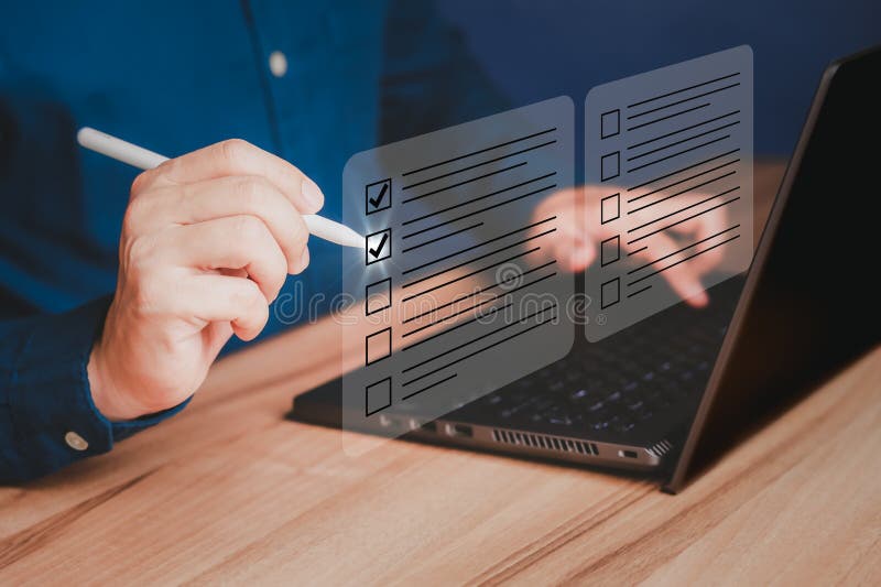 Man Using a Laptop and Touching on Virtual Screen Contact Questionnaire ...