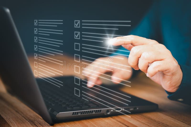 Man Using a Laptop and Touching on Virtual Screen Contact Questionnaire ...