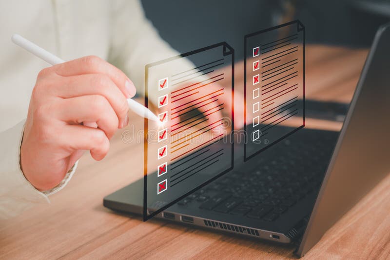 Man Using a Laptop and Touching on Virtual Screen Contact Questionnaire ...