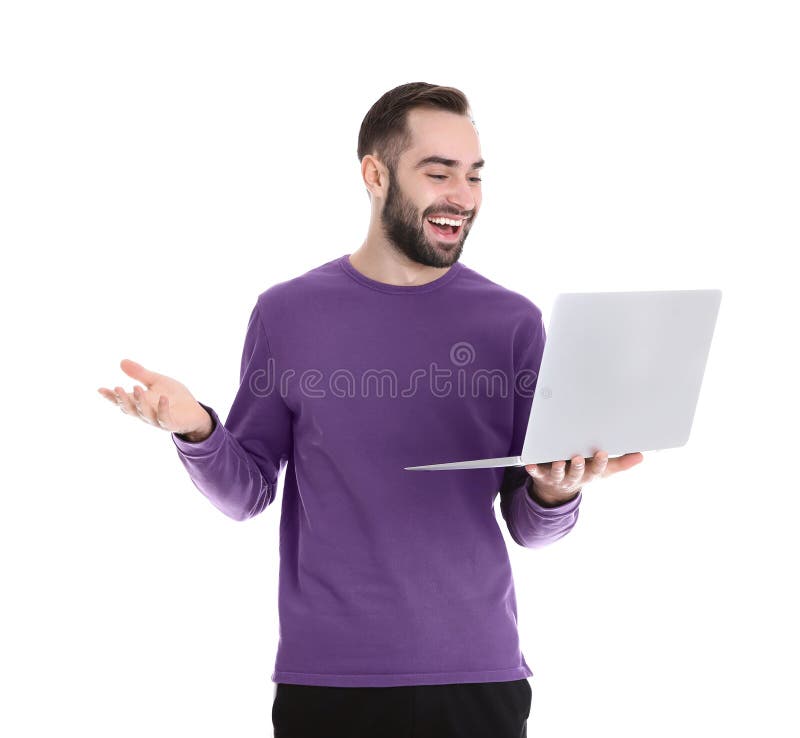 Man Using Laptop for Video Chat Isolated Stock Photo - Image of hipster ...