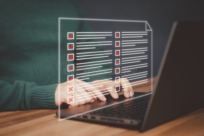 Man Using a Laptop with Virtual Screen Contact Questionnaire with ...