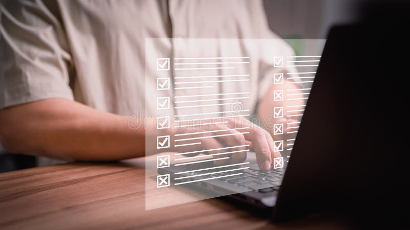 Man Using a Laptop with Virtual Screen Contact Questionnaire with ...
