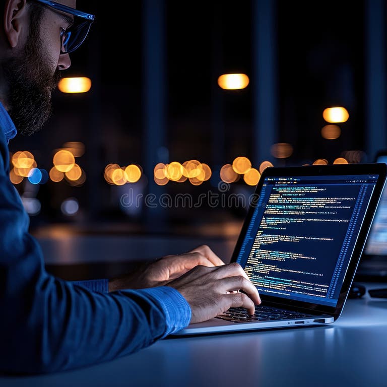 Man Using Laptop for Web3 Development in a Professional Setting ...