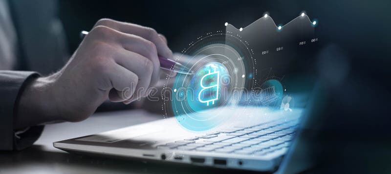 Man Using Laptop Works with Bitcoin Infographics Editorial Stock Image ...