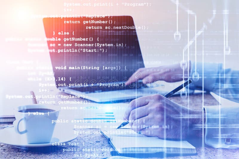 Programmer Profession Man Writing Programming Code On Laptop Computer