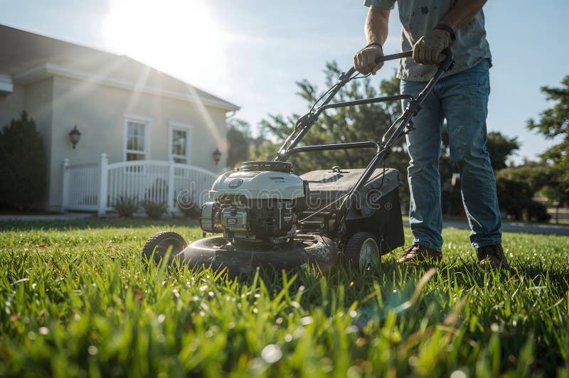 A Man Using a Lawn Mower Mows the Grass Near the House Stock ...