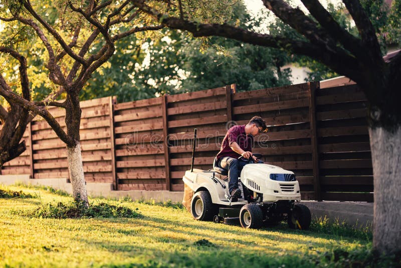 Man Using Lawn Tractor for Mowing Grass. Landscaping Works with ...
