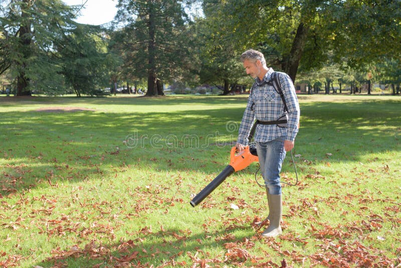 Man using leaf blower stock photo. Image of gardener - 128022098