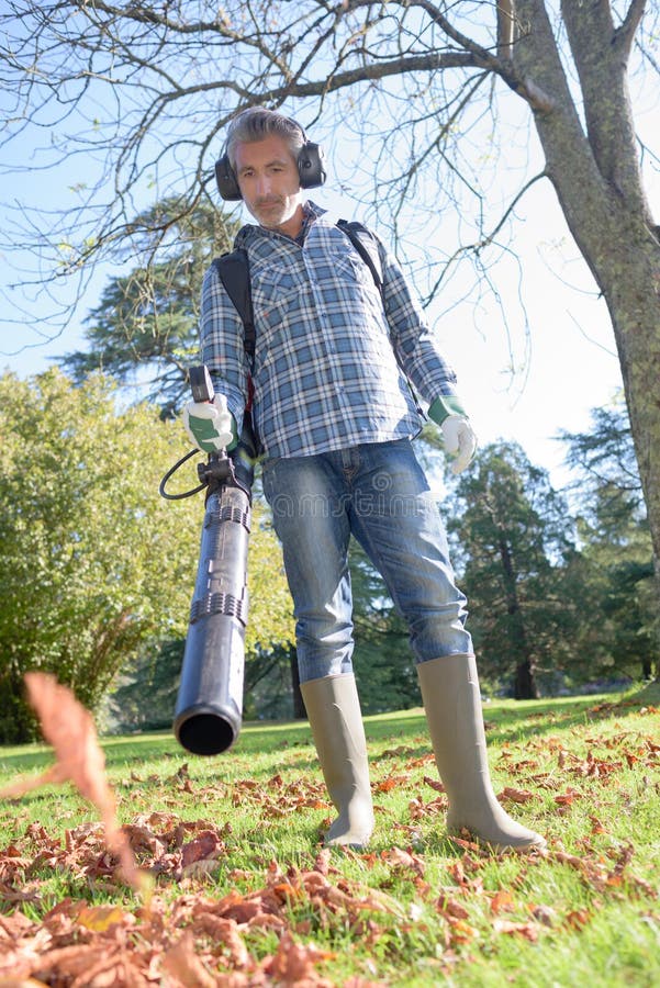 Man using leaf blower stock photo. Image of lawn, blowing - 258971726