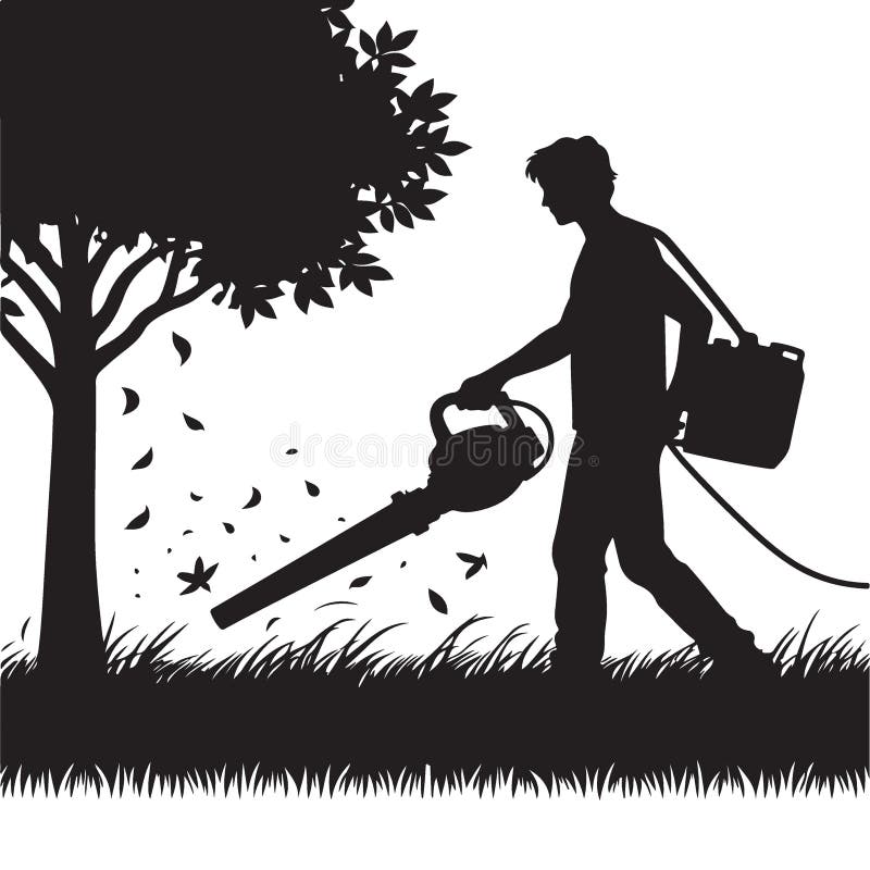 Man Using Leaf Blower Silhouette in Garden Landscape Stock Illustration ...