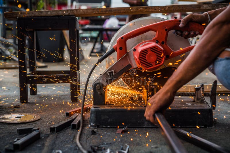 Close Up Man Using Machine Cutting Steel Stock Photo - Image of ...