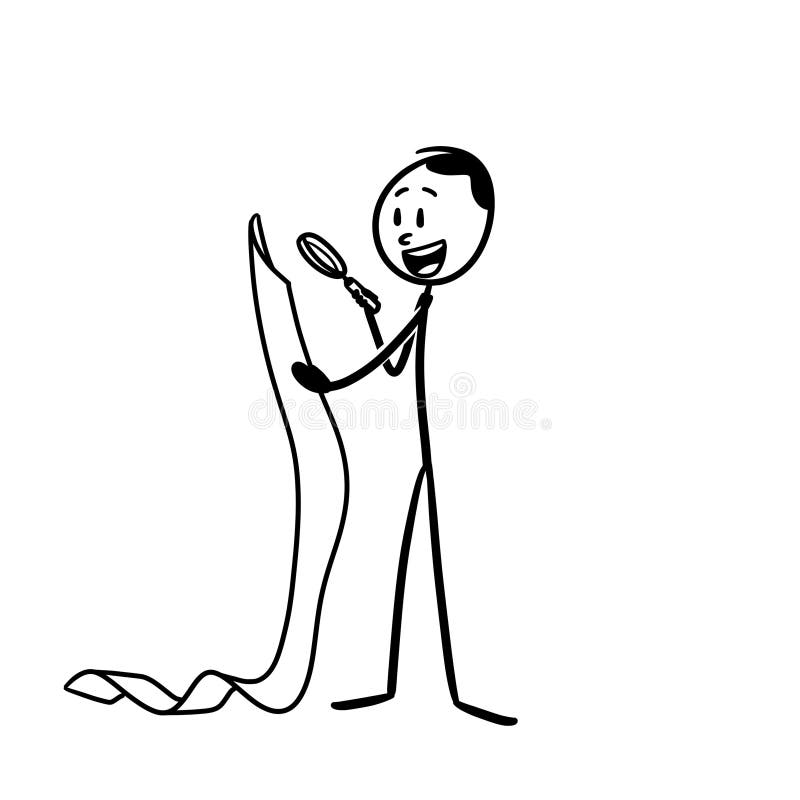 A Man Using a Magnifying Glass Looking for Something in a Very Long ...