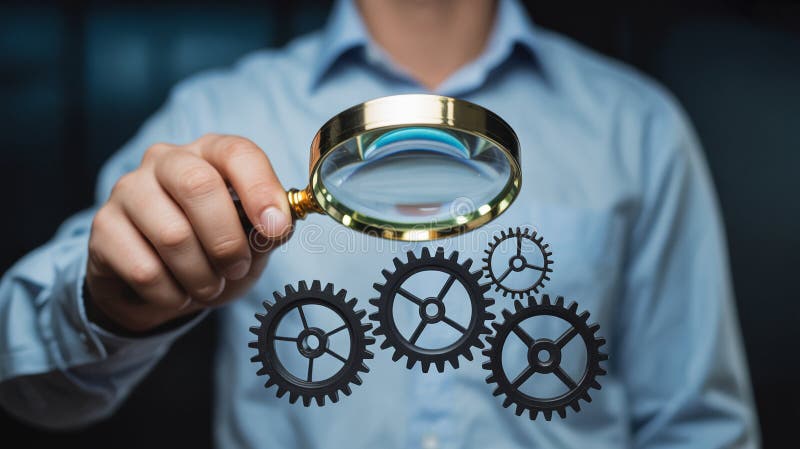 Magnifying Glass Examining Gears for Business Process Analysis and System Optimization and ...