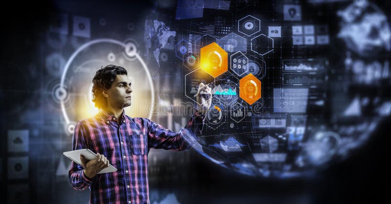 Man Using Media Interface. Mixed Media Stock Image - Image of ...