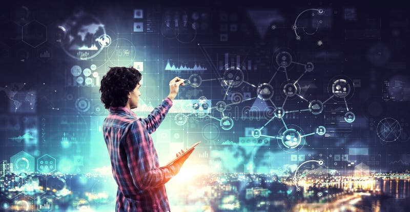 Man Using Media Interface. Mixed Media Stock Image - Image of shirt ...