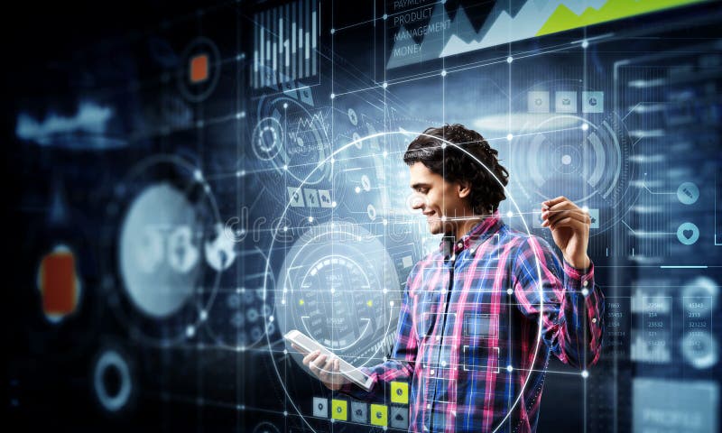 Man Using Media Interface. Mixed Media Stock Image - Image of data ...