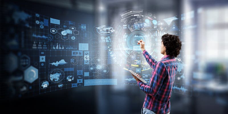 Man Using Media Interface. Mixed Media Stock Photo - Image of shirt ...