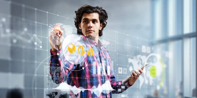 Man Using Media Interface. Mixed Media Stock Image - Image of casual ...