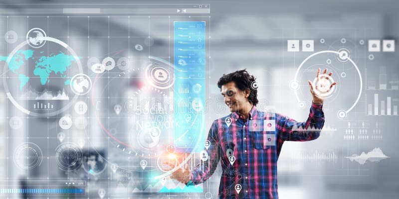 Man Using Media Interface. Mixed Media Stock Image - Image of casual ...