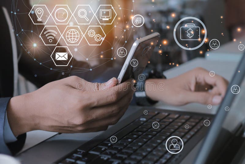 Man Using Mobile and Laptop Business Technology and Data Customer ...