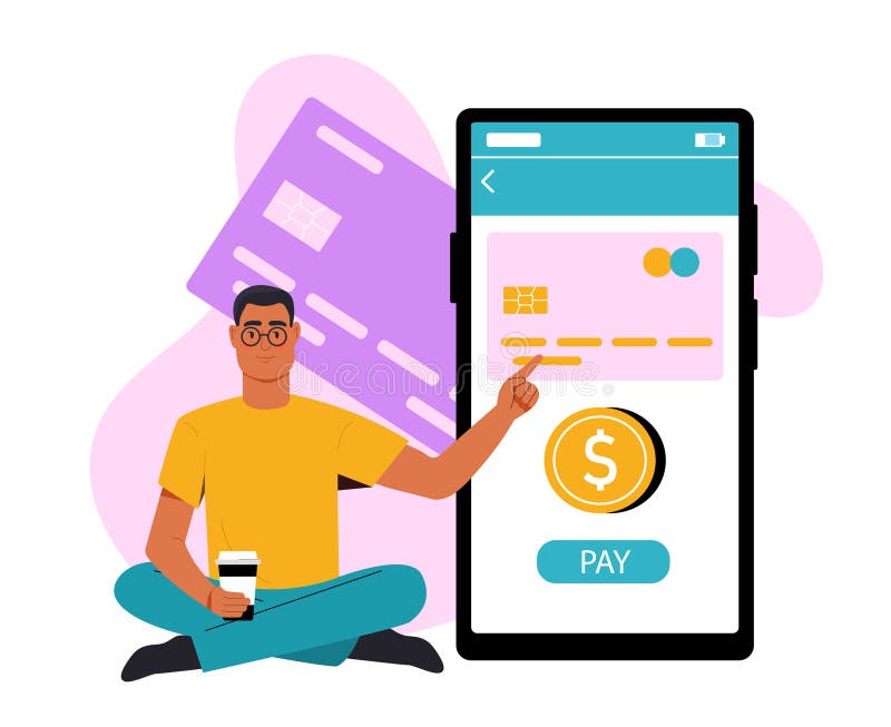 Man Using Mobile Payment App Screen. Vector Illustration Stock ...