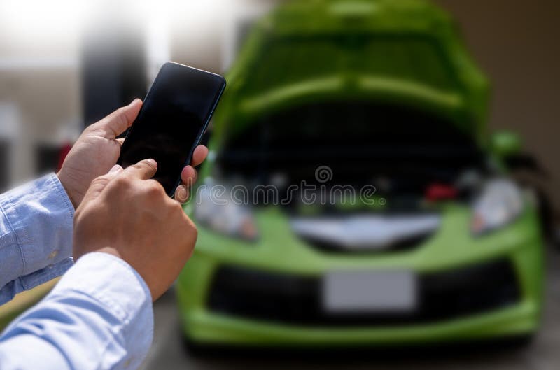 Man Using a Mobile Phone Call To Assistance Help with a Broken Down Car ...