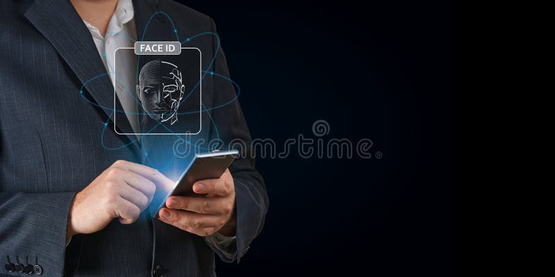 Man Using Mobile Phone with Face Id Scan and Modern Technology. Login ...