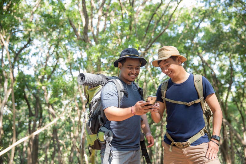 Man Using Mobile Phone in the Forest Stock Photo - Image of asian, male ...