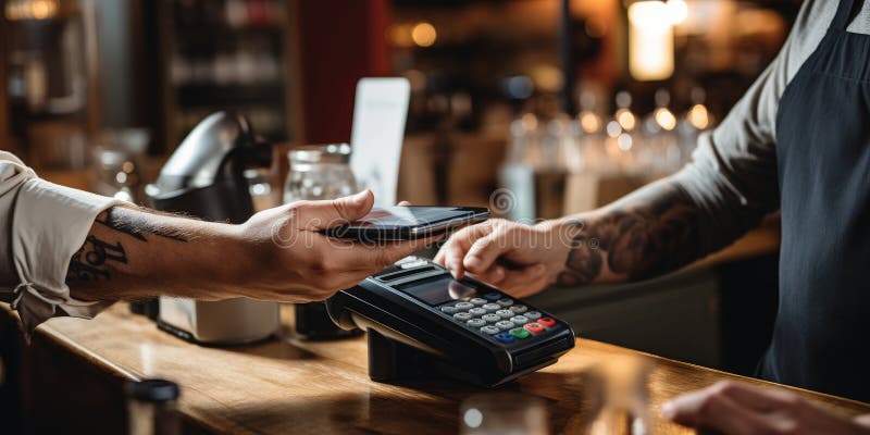 Man Using Mobile Phone Payment with Cashless Concept. Generative Ai ...
