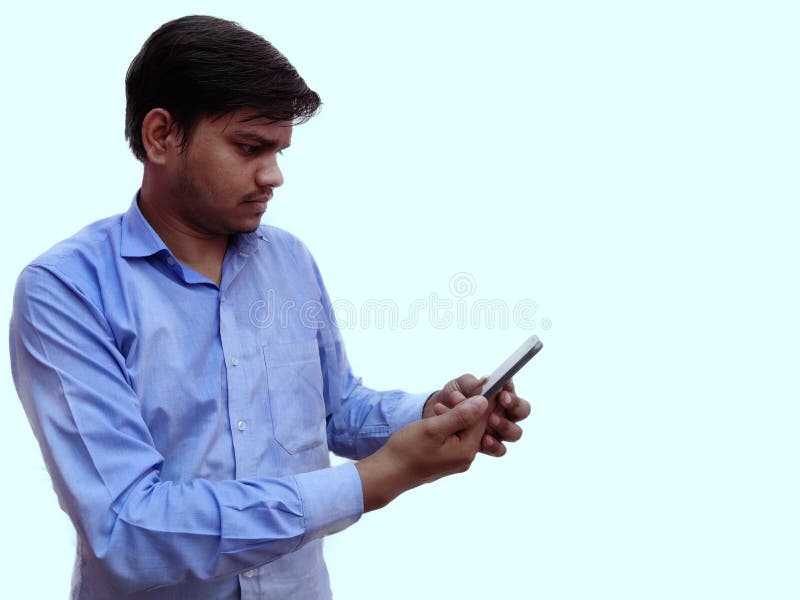 Man Using Mobile Phone Serious Pose, White Background. Stock Image ...