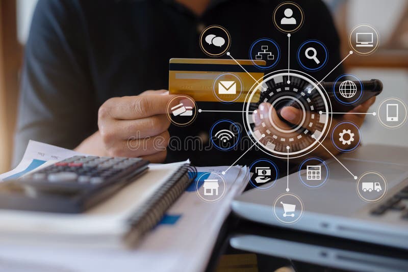 Man Using Mobile Smart Phone and Holding Credit Card with Global ...