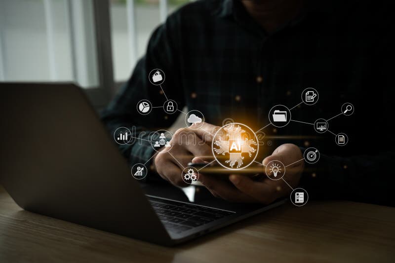 Man Using Mobile and Touch Virtual Digital Ai Network Chain. Digital ...