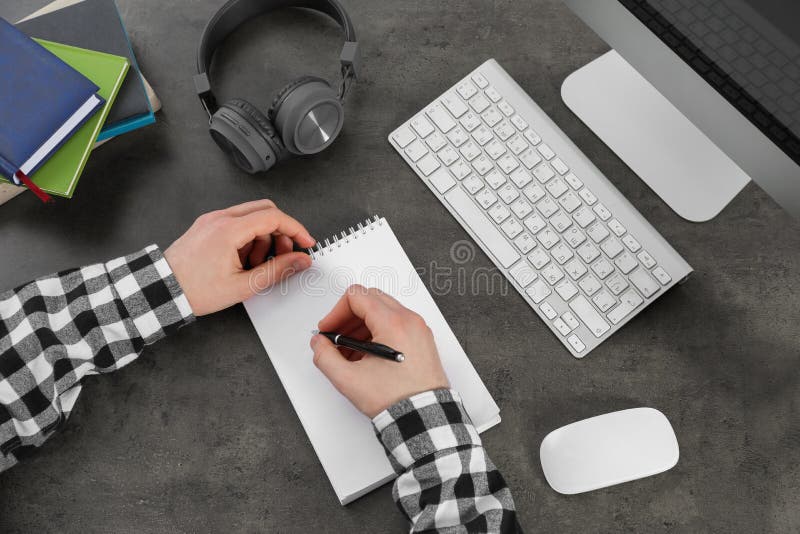 Man Using Modern Computer for Studying at Table, Top View. Distance ...