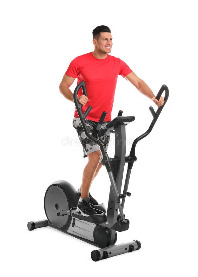 Man Using Modern Elliptical Machine on White Background Stock Image ...